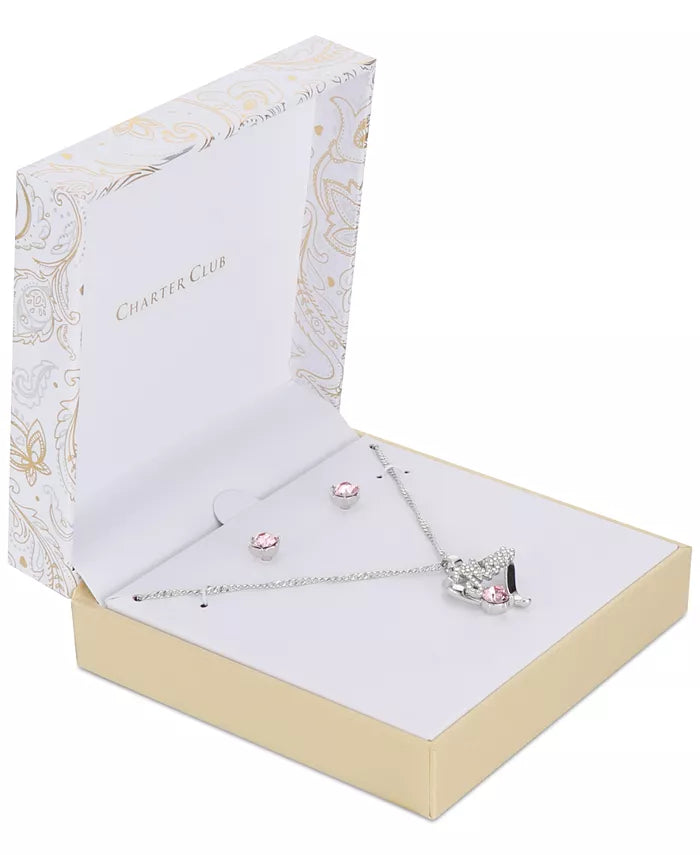 Charter Women s Silver Pink Necklace Earring Set ABW191 ss SuperDokan